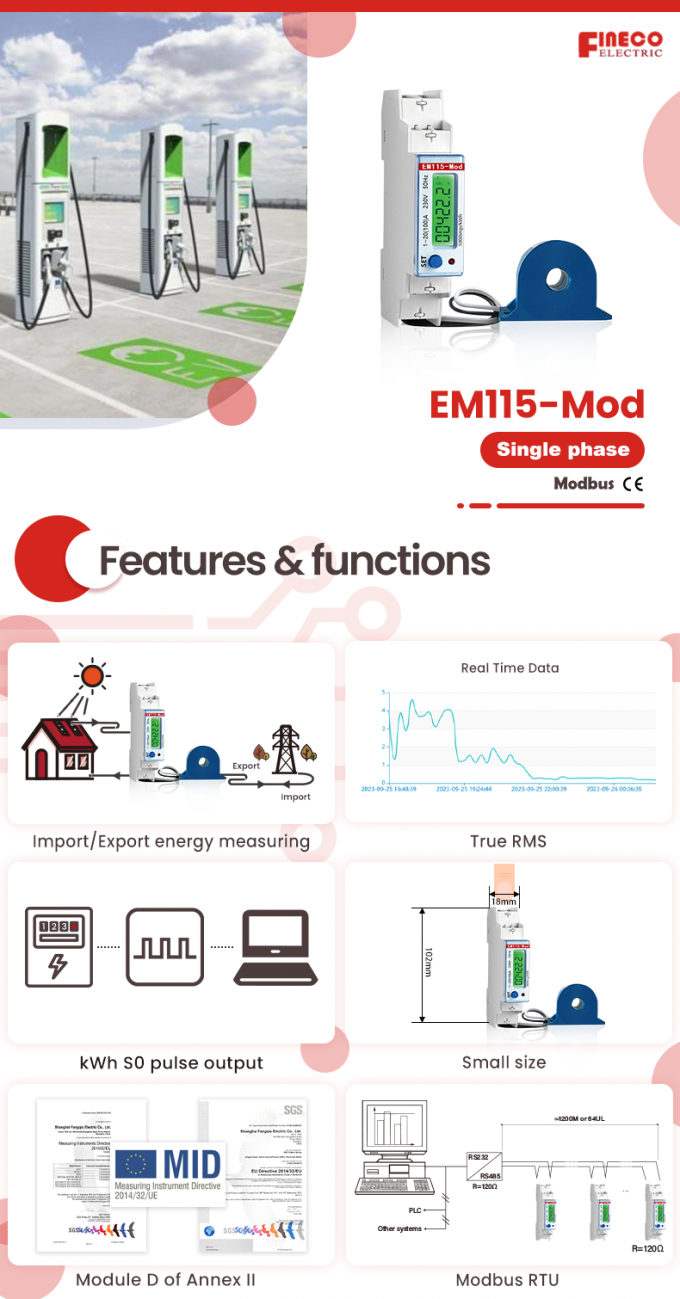 Single Phase EM115-Mod Modbus Din Rail Bypass Electric Meter OEM and ...