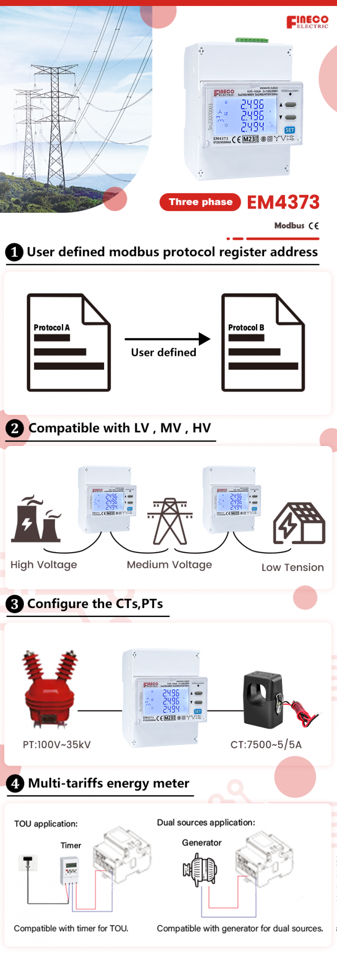 MID Approved Modbus EM4373 CT Three Phase Power Analyzer with Energy ...